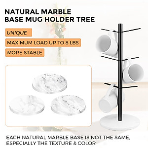 RIKBVOM Marble Mug Holder Tree, Coffee Cup Holder with 6 Hooks, Upgraded Stable Metal Coffee Mug Holder Mug Tree Stand Display Rack for Counter Kitchen Cabinet, Coffee Bar Accessories, Cafe Organizer