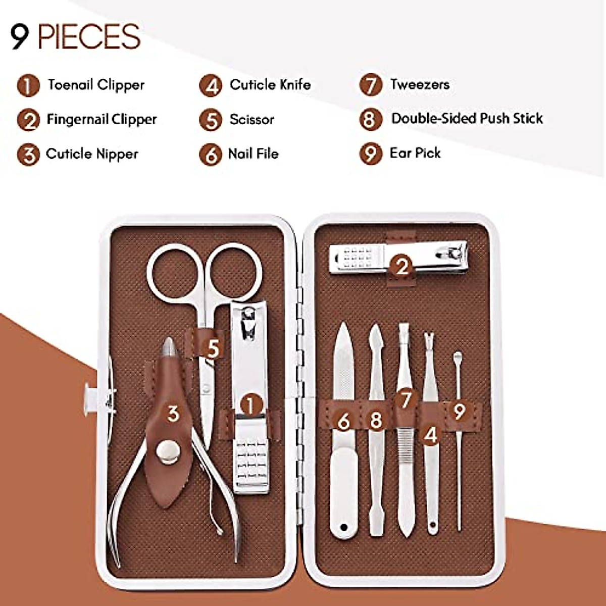 Manicure Set, FAMILIFE Manicure Kit - Nail Kit Mens Grooming Kit Pedicure Kit 9PCS Gifts for Men Boyfriend Nail Clipper Set Stainless Steel Professional Nail Set Care Manicure Tools Leather Case Brown