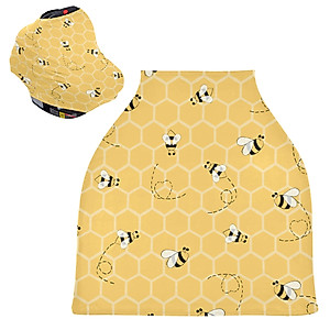YYZZH Cute Bee On Honey Yellow Honeycomb Pattern Stretchy Baby Car Seat Cover Infant Canopy Nursing Covers Breastfeeding Cover Breathable Windproof Winter Scarf for Boys Girls