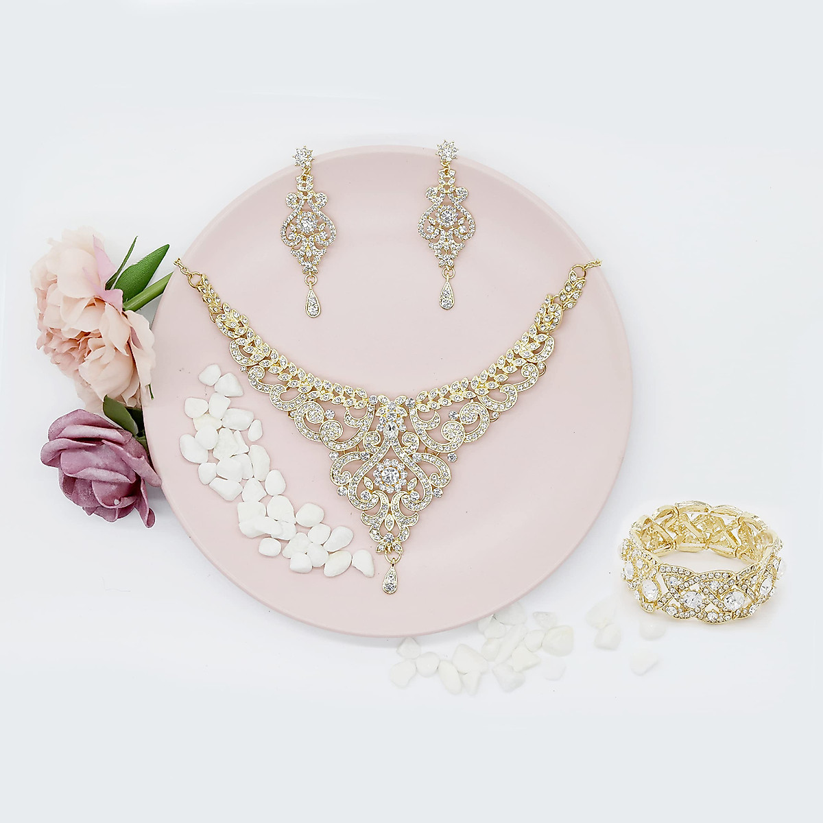 Oriamour Gold Prom Jewelry Wedding Jewelry Set Bridal Necklace Rhinestone Earrings Bracelets (Gold)