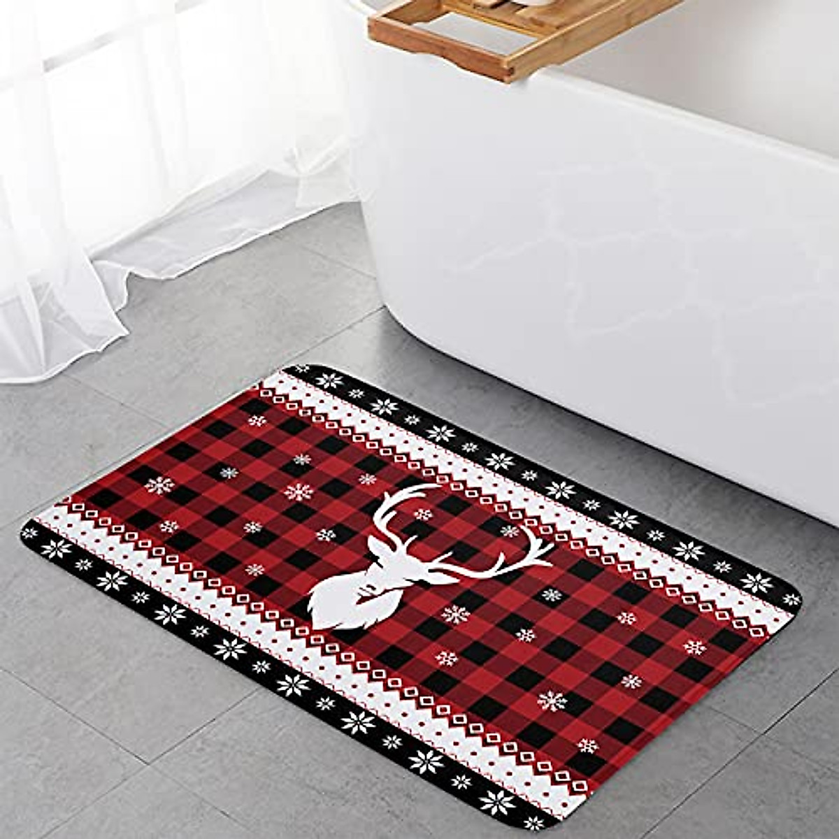 Christmas Bath Rugs Elk Deer Reindeer Snowflake Sponge Doormat Absorbent Non Slip Durable Soft Flannel Mat Red Buffalo Plaid Check Christmas Memory Foam Mats for Bathroom Kitchen 20 x 32 inches