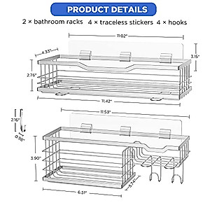HBlife Self Adhesive Shower Shelves, 2 Pack Shower Caddy with 4 Hooks and Soap Holder, Rustproof Stainless Steel Shower Organizer