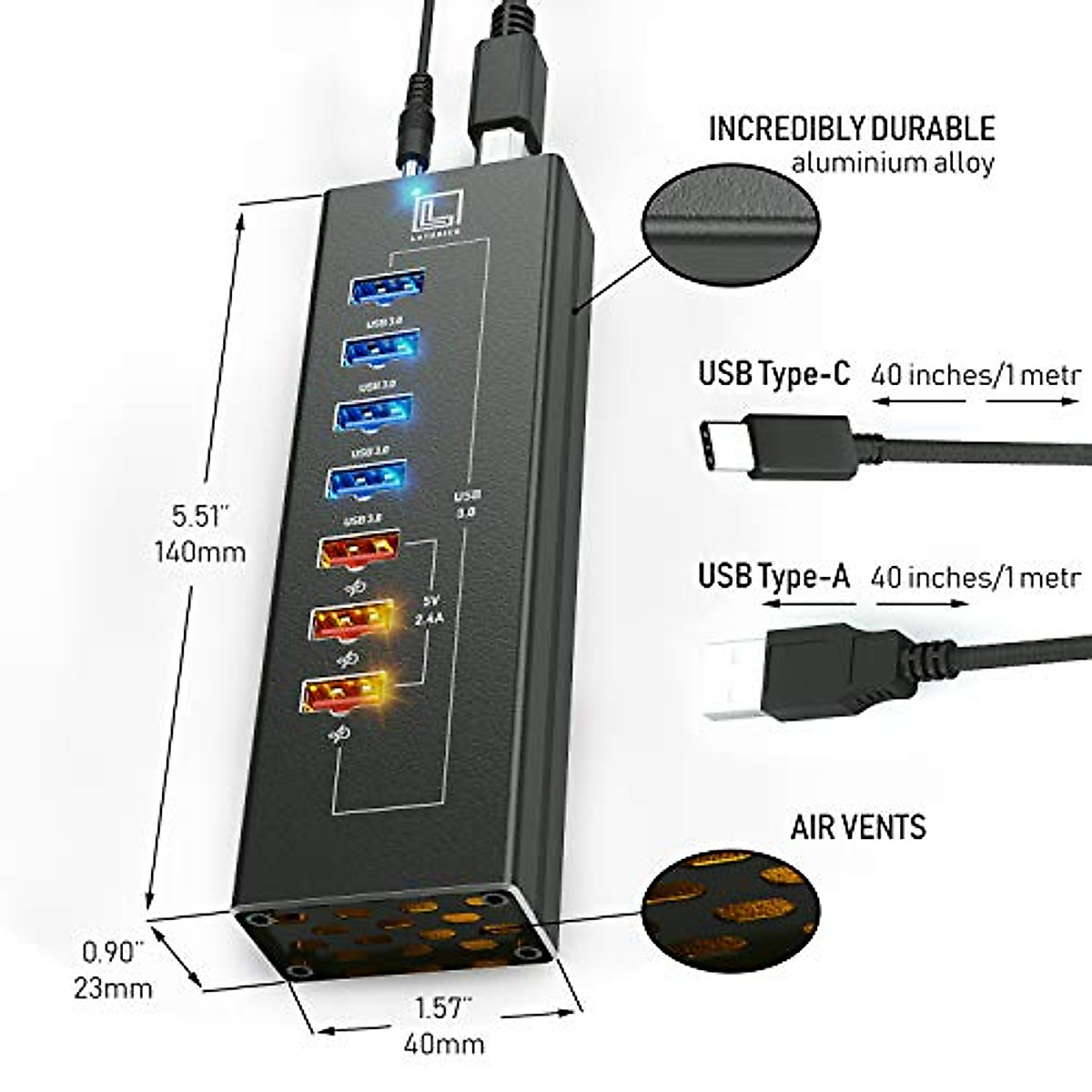LATORICE Powered USB Hub - Multi-Port USB Hub with 7 USB 3.0 Ports, 3 Fast Charging USB 3 0 Ports, with Cords C and A, Power USB HUB Adapter