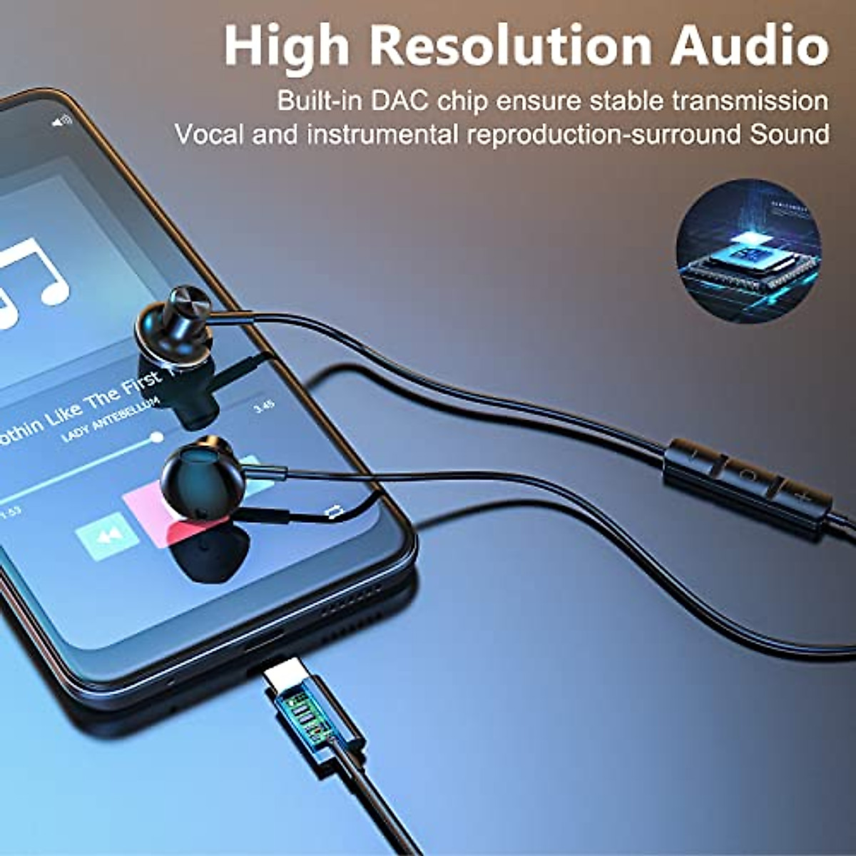 USB C Earphone Type-C Earbuds for Samsung Galaxy S22 Ultra Wired Earbuds Hi-Res Audio Headphone Noise Isolation Deep Bass Stereo Sound Headset with Mic Volume Control for Galaxy S22 S21 FE Black
