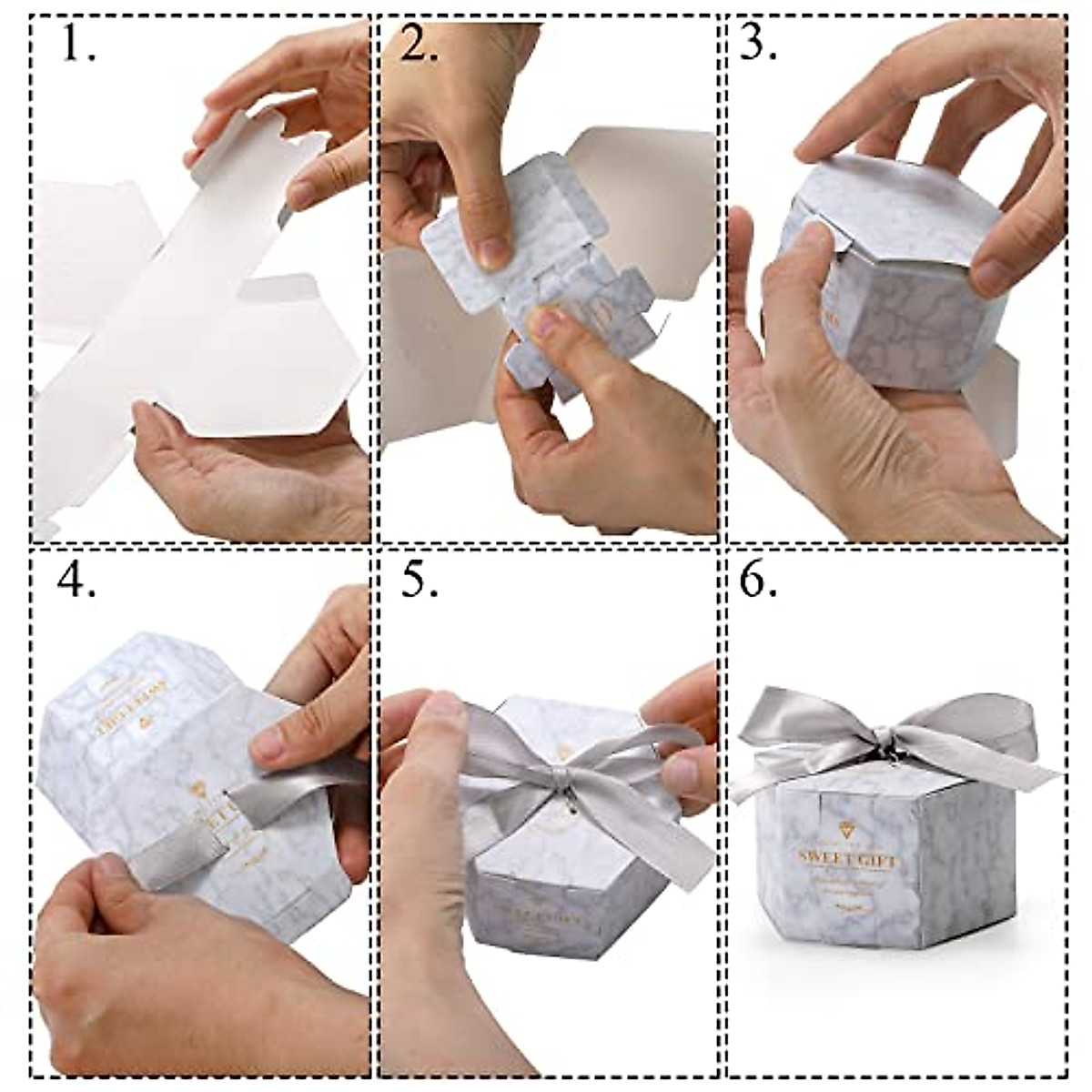 Okllen 100 Pcs Hexagonal Candy Boxes 3.2"Lx 2.7"Wx1.8"H, Wedding Birthday Party Favor Gift Boxes with Ribbons, Marble Pattern Treat Goodie Bags for Party Decoration, Baby Shower, Bridal Shower, Celebration