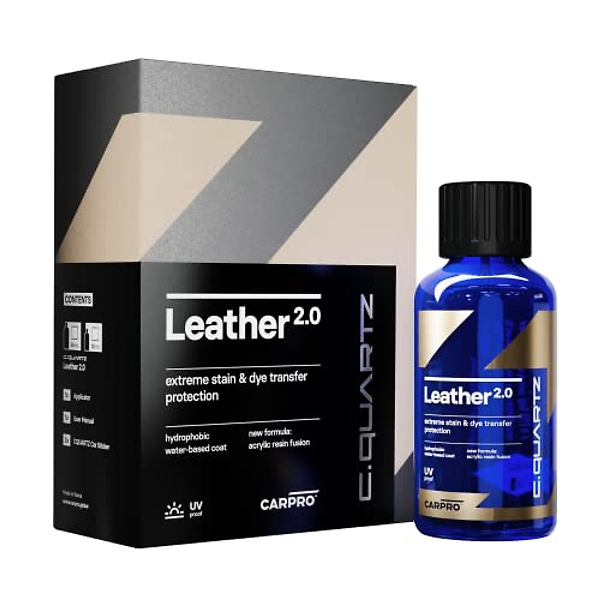 CARPRO CQUARTZ Leather 2.0 - Kit - Hydrophobic & Oil Phobic, Safe on All Car Leather, Resistance to UV, Denim Dye Coloring, Abrasion and Stains (30ml Kit)