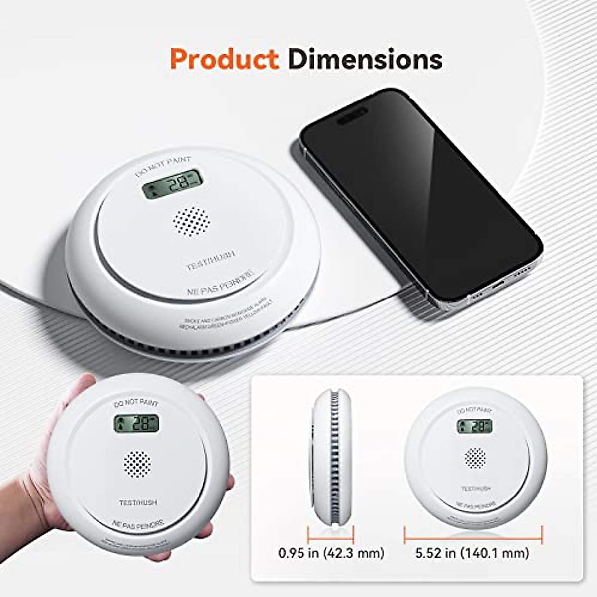 Jemay Combination Smoke and Carbon Monoxide Detector, Battery Operated Smoke Detector Carbon Monoxide Detector Combo with 10-Year Lifespan，Large LCD Display, Test/Silence Button, 1 Pack