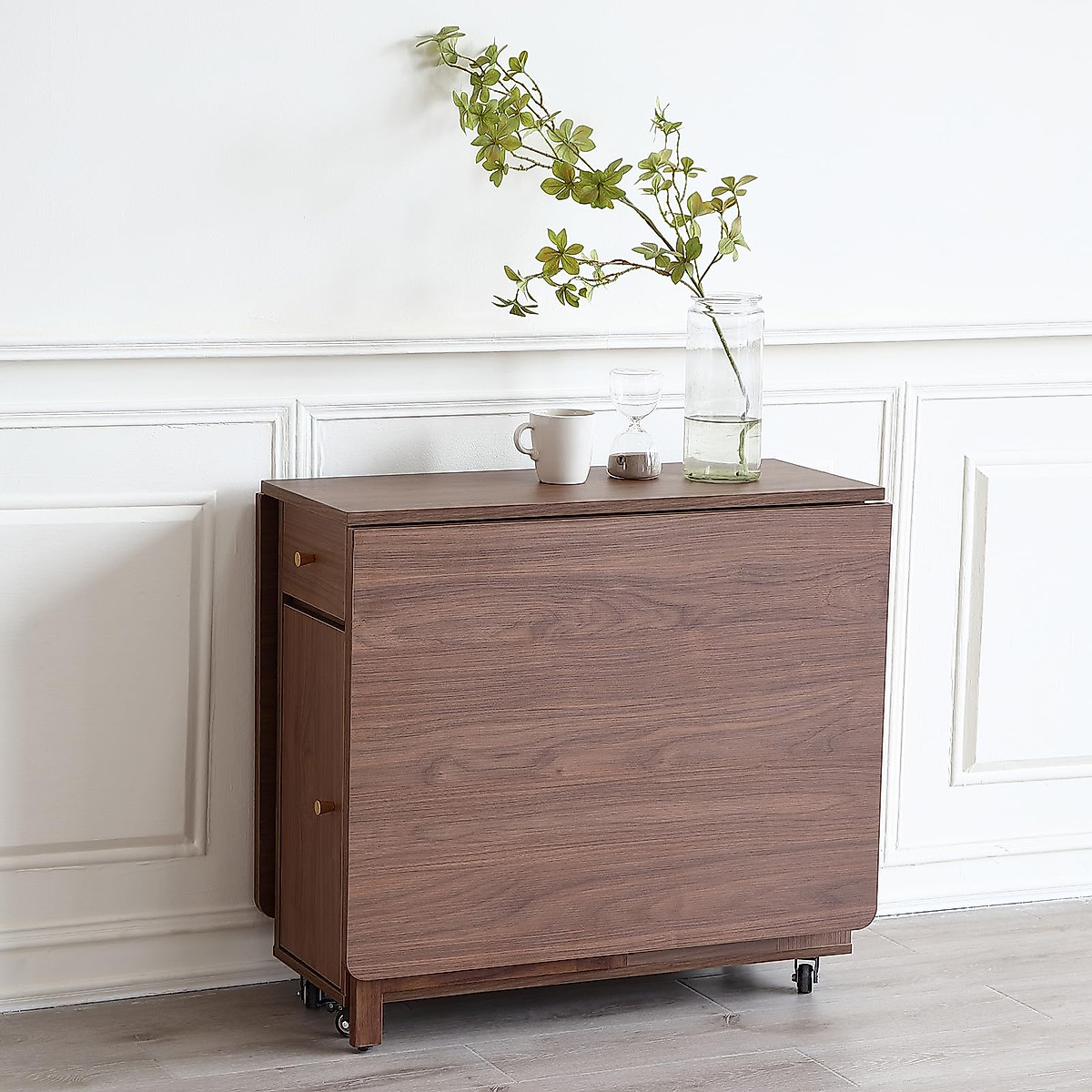 COMUHOME Extendable Drop Leaf Foldable Dining Table with 2 Drawers and 4 Wheels for Living Room Kitchen Farmhouse Space Saving Table in Walnut