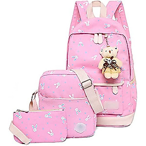 3Pcs Rabbit-Print Girls Canvas School Backpack for Elementary Middle Kids Bookbag with Pencil Case