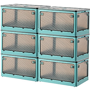 ANMINY 6PCS Lidded Plastic Storage Bins 89QT 5-Door Collapsible Stackable Portable Crate Clear Storage Box Bulk Container Basket with Wheels Handles Lid for HomeTravel Car Truck - Green, Extra Large