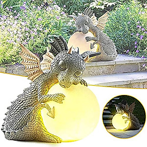 G Ganen Garden Dragon Statue, Resin Dinosaur Outdoor Sculptures - Cute Garden Dragon Figurines with LED Lights for Home Decor, Patio Lawn Yard Decor