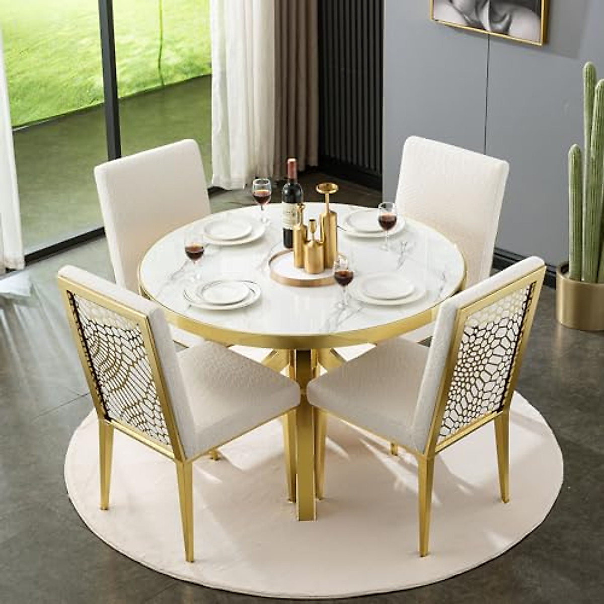 AUZ Round Dining Table, 45 inch White and Gold Table with Gorgeous Polished Stainless Steel Circle Trim and Cross Legs