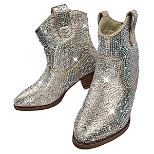 TruFox Kids Girls Rhinestone Western Cowboy Boots Low Heel Pull On, Champagne, 2