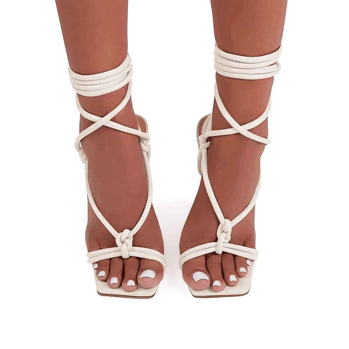 Coutgo Strappy Heels for Women, Lace Up Square Open Toe Dress Sandals, Stiletto Heeled for Summer Party