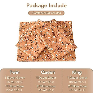 Lekesky Cotton Duvet Cover Queen Size - 100% Washed Cotton Orange Pattern Floral Duvet Cover for All Season, Soft and Breathable Bedding Set with Zipper Closure & Corner Ties