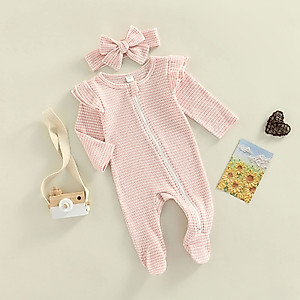 Kuriozud Newborn Baby Girl Striped Sleeper Zipper Footie Romper Ruffle One Piece Outfit Infant Clothes (0-3 Months, Striped Ruffle Pink)