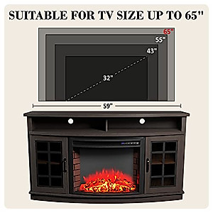 LUXOAK 59" Curved Fireplace TV Console, Entertainment Center Table with Open Shelves and Farmhouse Glass Door Media TV Cabinet Stand for TVs up to 65 Inches, Dark Walnut