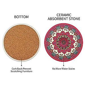 CHEFBEE Set of 8 Coaster for Drinks Absorbent Mandala Ceramic Coasters with Cork Base, Metal Holder, Stone Coasters Set Perfect for Wooden Table, Housewarming, Home and Dining Room Decor