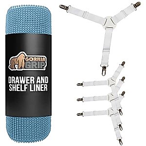 Gorilla Grip Drawer and Shelf Liner and Nonslip Bed Sheet Straps 4 Pack, Shelf Liner Size 17.5 in x 10 FT Aqua, Non Adhesive, Sheet Straps in White, Easy Install, 2 Item Bundle