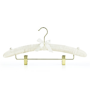 HANGERWORLD Pack of 5 Ivory Satin Padded Hangers with Clips for Skirts, Pants & Sweaters with Non-Slip Buttons, Pretty Hanger for Women Clothing - 17 Inch
