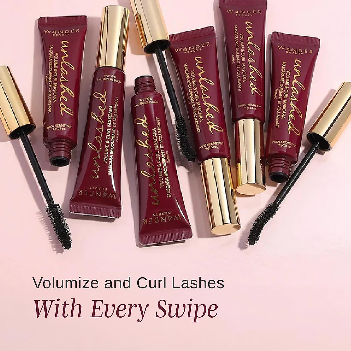 Wander Beauty Unlashed Volume & Curl Mascara - Volumizing, Lash Curling Mascara - 9 in 1 Multitasking Smudge-Proof Makeup - Nourish & Reduce Fallout With Peach Leaf, Vitamin E & B5-0.31 fl oz