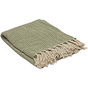 SouvNear Throws - 65 x 52 Inch Hand-Woven 100% Cotton Throw Blanket Lime Green & White Reversible with Tassels Throws for Couch Sofa Chair - Home Decor Furnishings