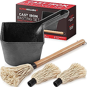 Alpha Grillers Cast Iron Pot & BBQ Brushes for Sauce - 24 oz Cast Iron Saucepan & Basting Brush BBQ Mop - Gifts for Dad - Premium Cast Iron Cookware & Grilling Accessories