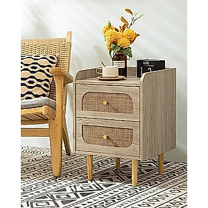 Rattan Nightstand Set of 2 with Drawers - Boho Bedside Table with Storage - Night Stand with Solid Wood Feet - Small Side Table End Table for Bedroom