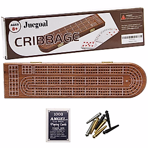 Juegoal Wood Cribbage Board Game Set 3 Tracks with Metal Pegs, Cards, Storage Area