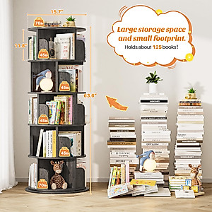 Aheaplus Rotating Bookshelf, 360 Display Wood Spinning Bookshelf Tower, 5 Tier Floor Standing Bookcase Storage Rack, Revolving Bookcase Corner Bookshelf for Small Space, Bedroom, Study Room,Black Oak