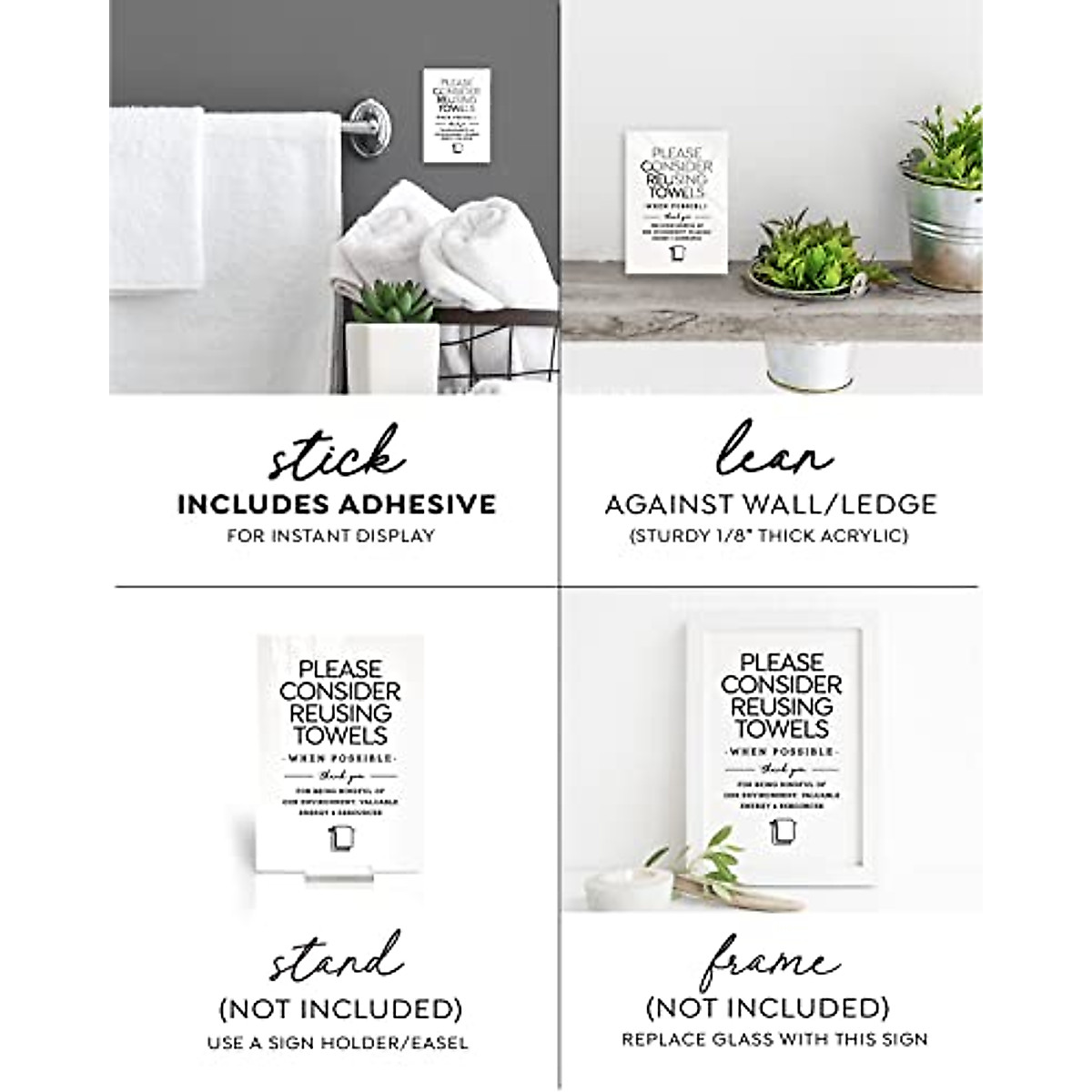 4x6 Inch Please Reuse Towels, Designer Sign ~ Ready to Stick, Lean or Frame