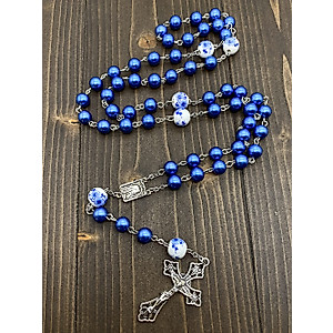 Nazareth Store Blue Pearl Beads Rosary White Flowers Beaded Necklace Lourdes Medal & Cross Crucifix