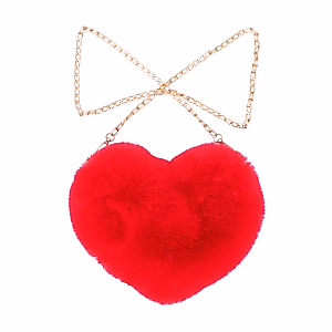 Heart Bag Cellphone Purse Plush Heart Shaped Crossbody Bag with Chain Cute Fluffy Shoulder Bag for Women Ladies- Red Heart Purse