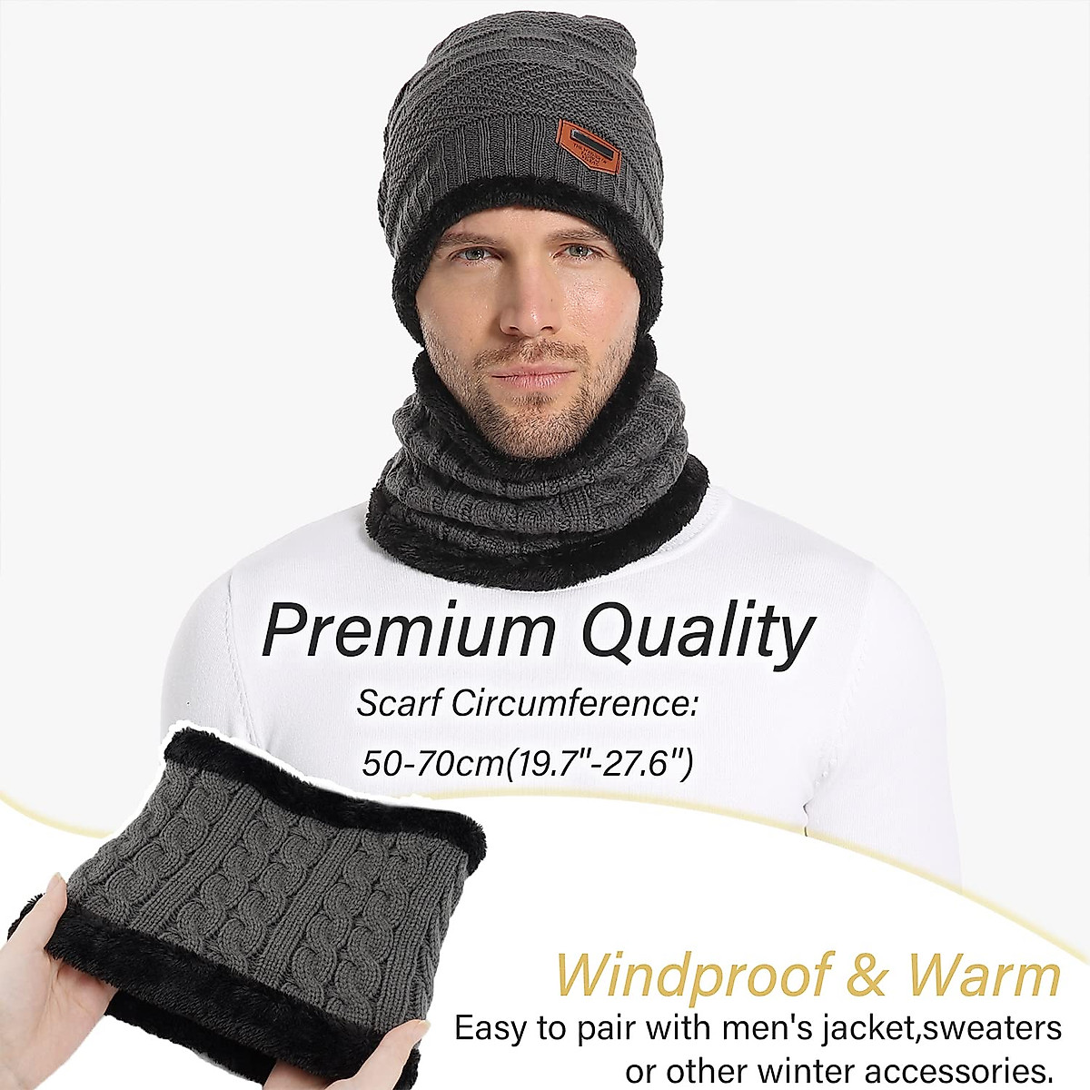 FZ FANTASTIC ZONE Mens Womens Winter Beanie Hat Scarf Set Warm Knit Thick Fleece Lined Skull Cap Neck Warmer for Men Women Dark Grey