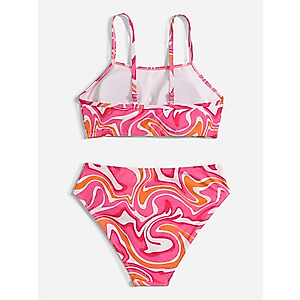 WDIRARA Girl's Swimwear Beach Sport All Over Marble Print 2 Piece Bikini Preppy Swimsuit Bathing Suits Pink and Orange 10-11Y