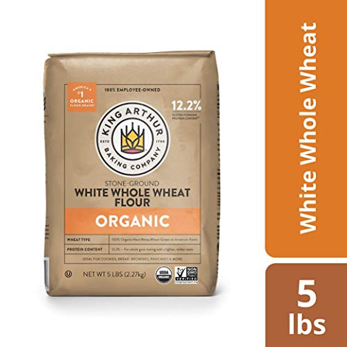 King Arthur, 100% Organic White Whole Wheat Flour, 100% Whole Grain, Non-GMO Project Verified, 5 Pounds (Packaging May Vary)