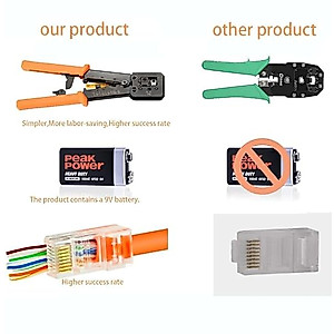RJ45 Crimp Tool Kit Pass through Ethernet Crimper kit for Cat5 Cat5e Cat6,RJ45 Crimping Tool with 50PCS Connectors, 50PCS Covers,1 Wire Punch Down Cutter and 1 Network Cable Test(9V Battery Included)