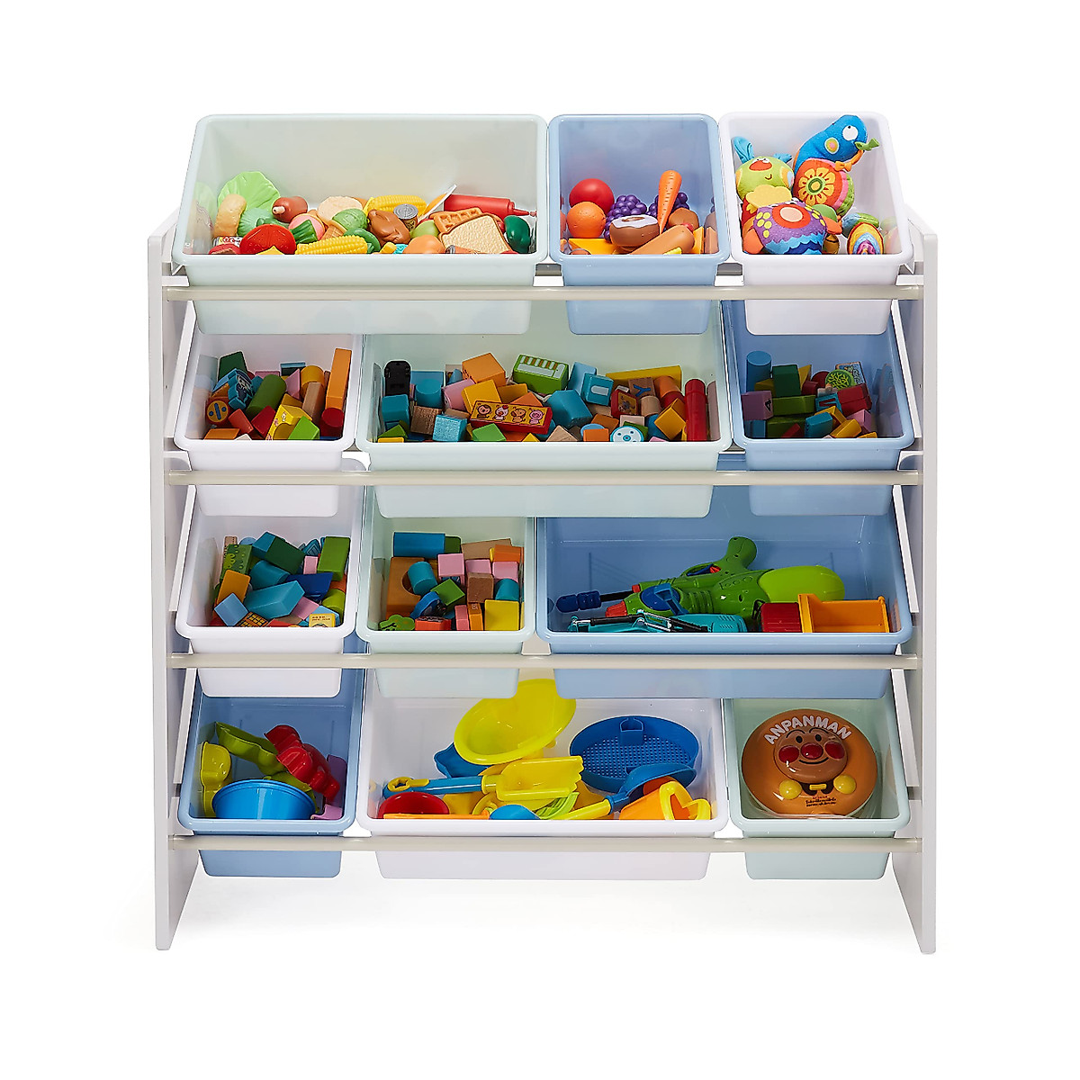 Amazon Basics Kids Toy Storage Organizer with 12 Plastic Bins - Grey Wood with Blue Bins