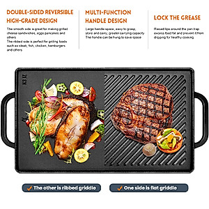 GGC Cast Iron Reversible Griddle, Double-sided Griddle Pan for Indoor and Outdoor Cooking, 15 x 9 Griddle Plate with Flat and Ribbed Side for Stove Tops, Gas Grills and Camping