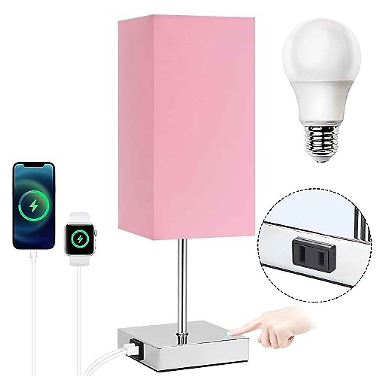 SEEDED-DESIGN Touch Control Table Lamp, Small Bedside Lamp with USB Port and Outlet, 3-Way Dimmable Nightstand Lamp for Bedroom, Living Room, LED Bulb Included (Square, Pink Blush)