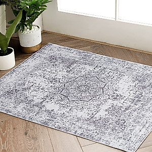 jinchan Area Rug 2x3 Washable Rug Door Mat Vintage Distressed Grey Rug Doormat Indoor Entrance Thin Rug Traditional Gray Floral Mat Non Slip Carpet Kitchen Bedroom Living Room