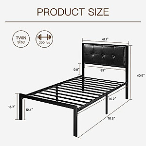 AEZOS Twin Metal Platform Bed Frame with Headboard & Footboard, Heavy Duty Steel Slats Support, Platform Mattress Base No Box Spring Needed, No Noise, Easy Assembly, Faux Leather, Black