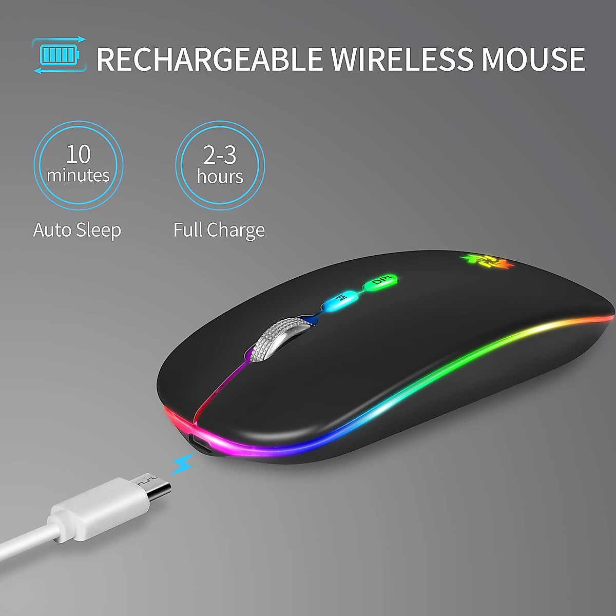 KBCASE LED Wireless Mouse Slim Silent Mouse 2.4G Rechargeable Wireless Computer Mouse Wireless Mouse for Laptop, MacBook, iPad, Chromebook, with USB & Type-c Receiver