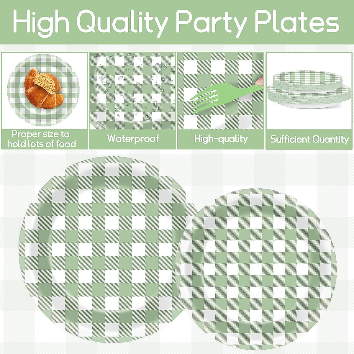 96 Pcs Sage Green Party Decorations Green Gingham Checkered Theme Tableware Set Green Plaid Plates Napkins Forks for Baby Shower Table Dinnerware Kids Boys Birthday Party Supplies 24 Guests