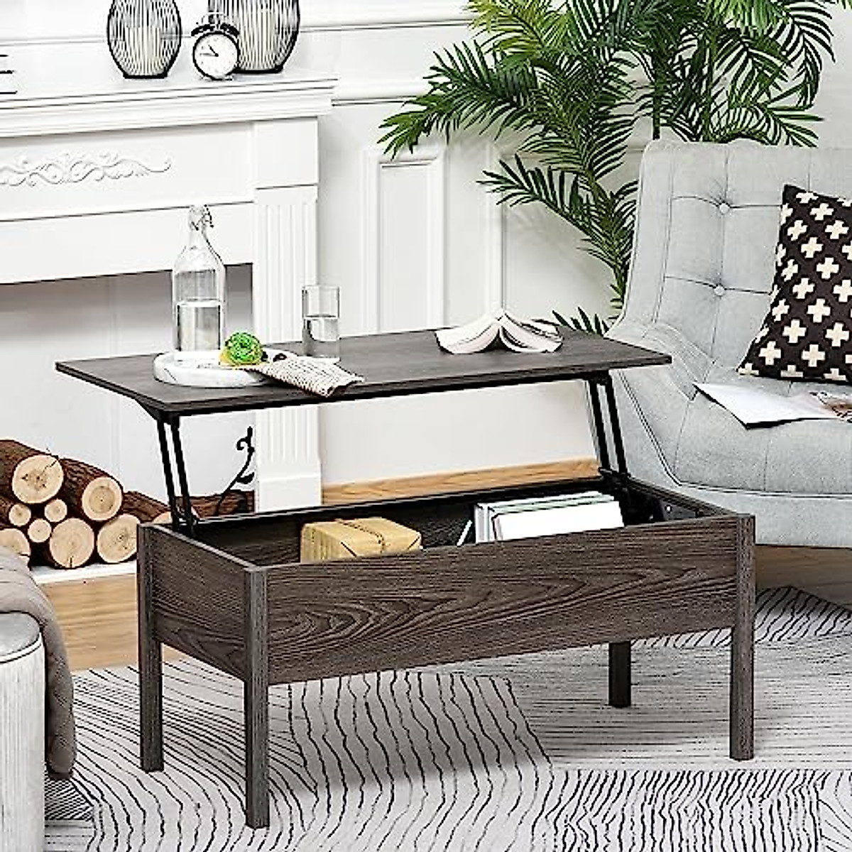 HOMCOM 39" Modern Lift Top Coffee Table Desk with Hidden Storage Compartment for Living Room, Light Grey Woodgrain
