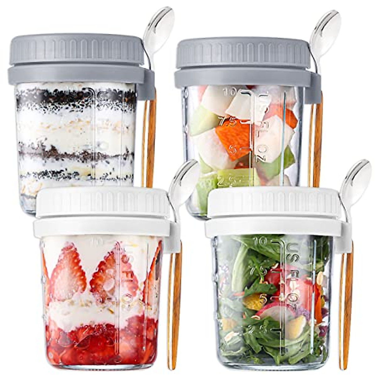 Overnight Oats Containers with Lids and Spoon, 4 Pack Mason Jars for Overnight Oats, 16 Oz Overnight Oats Jars Glass Oatmeal Container to Go for Chia Pudding Yogurt Salad Cereal Meal Prep Jars (White x 2,Grey x 2)