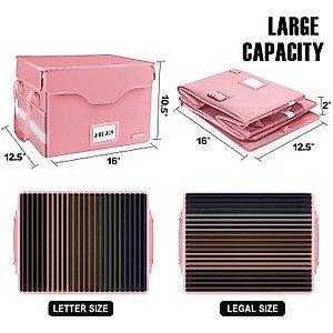 DocSafe File Box Fireproof Document Box with Lock,File Storage Organizer Box with Insert Pockets,Collapsible Portable File Box Home Office File Cabinet with Handle for Hanging Letter/Legal Folder,Pink