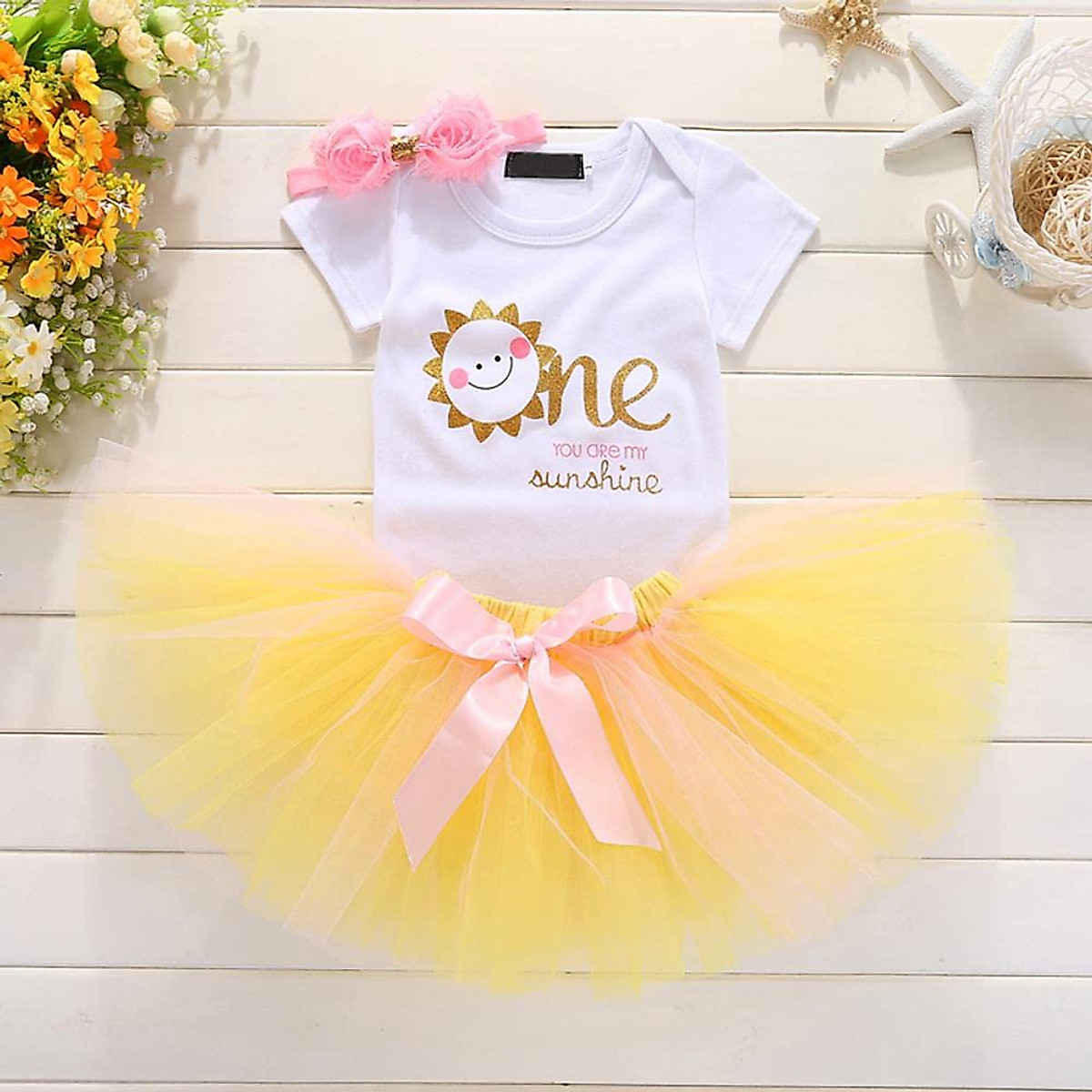 IBTOM CASTLE Baby Girls 1st Birthday Cake Smash 3pcs Outfits Set Cotton Romper bodysuit+Tutu Dress+Flower Headband Princess Skirt Clothes Yellow smile Sun One Size