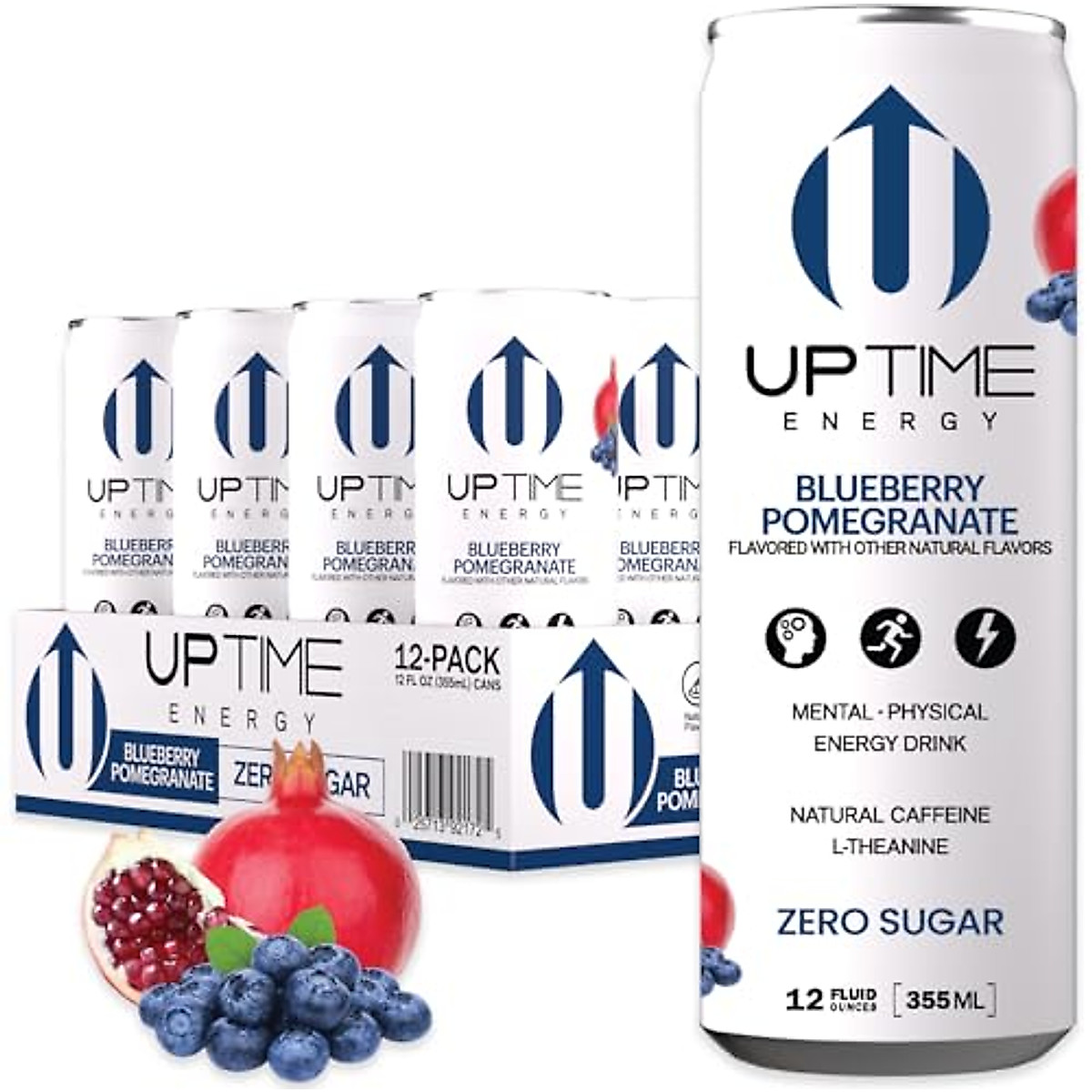 UPTIME Energy Drink, Blueberry Pomegranate, 12 Pack, Vitamin C, L Theanine, Calcium, Sugar Free Energy Drinks for Focus Support, 142mg of Natural Caffeine, 0 Calories, Clean, Natural, 12 fl oz Cans