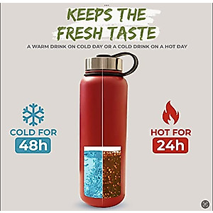 Hydro Source reusable water bottle. Raspberry 40oz, stainless steel, leak proof, triple vacuum insulated, wide mouth, comes with 3 lids, dishwasher safe, BPA free, non toxic, Raspberry Red